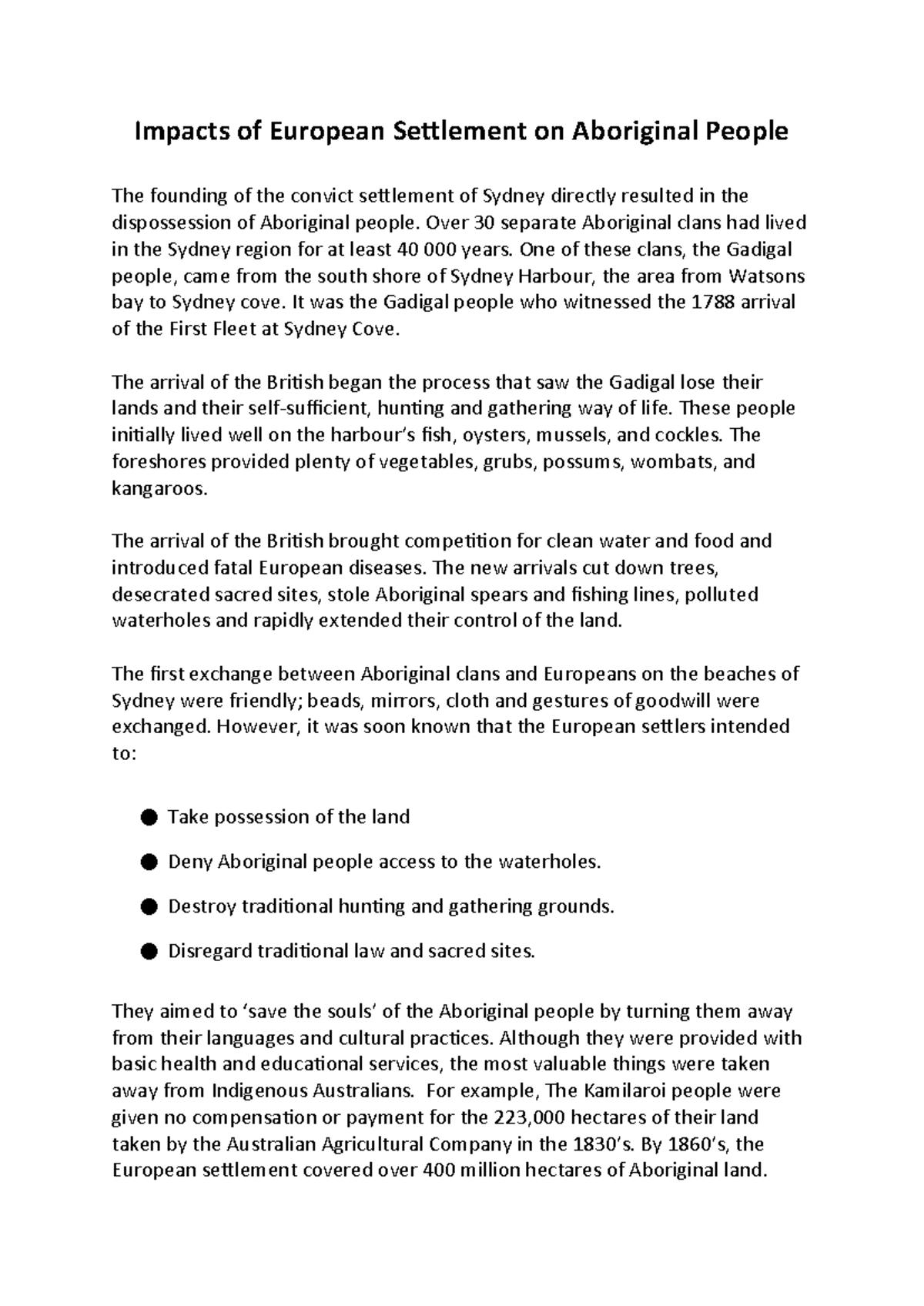 Impacts of European Settlement on Aboriginal People: A Historical ...