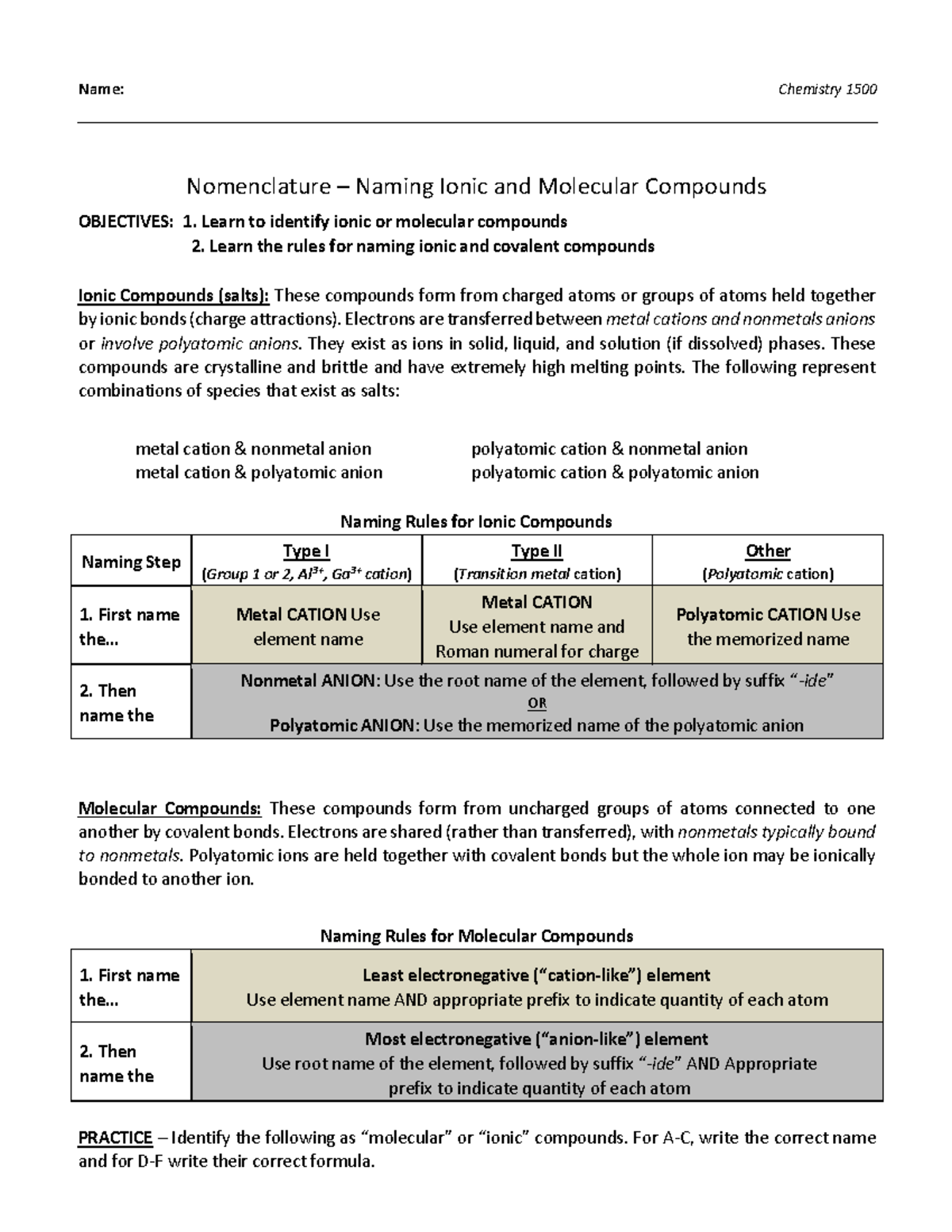 Chemistry 1a Nomenclature Worksheet Answers