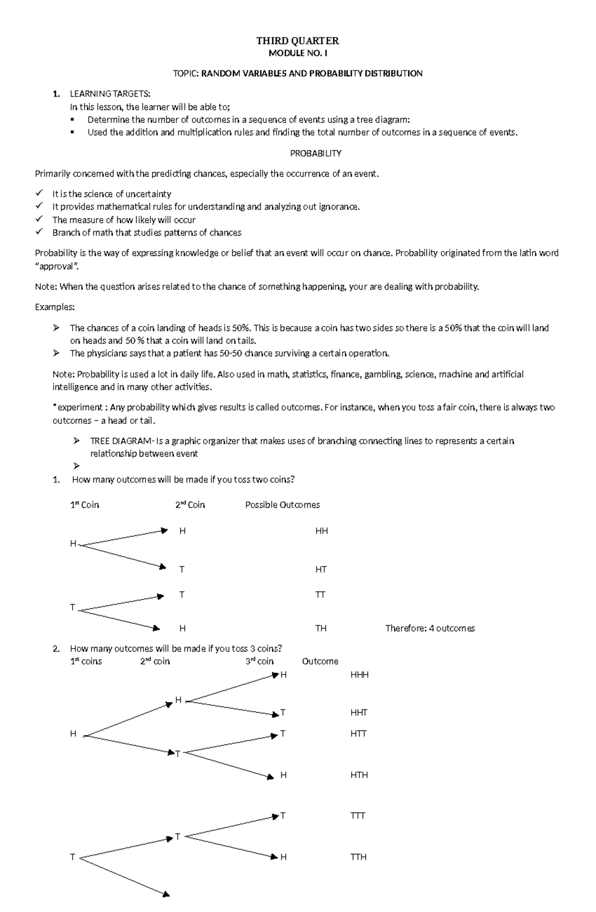 Module I - GENERAL PHYSICS - THIRD QUARTER MODULE NO. I TOPIC: RANDOM VARIABLES AND PROBABILITY ...