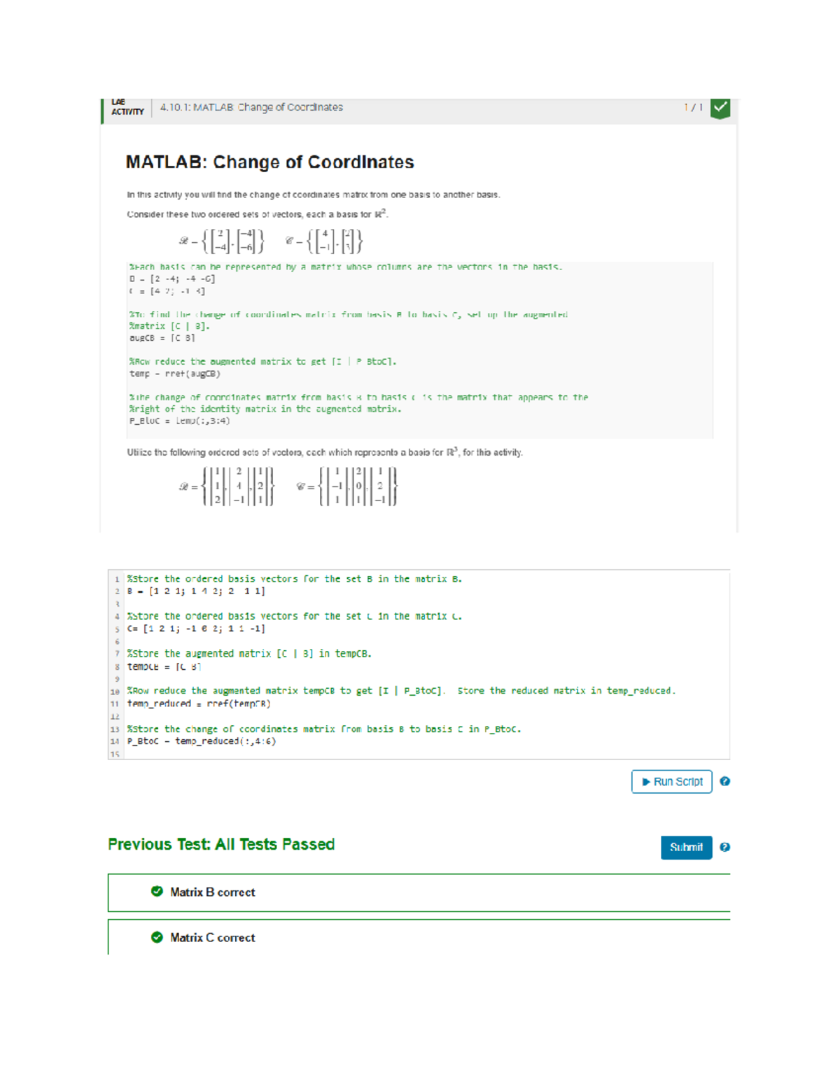 MATLAB LAB ACTIVITY 4.10: Change of Coordinates Matrix Analysis - Studocu