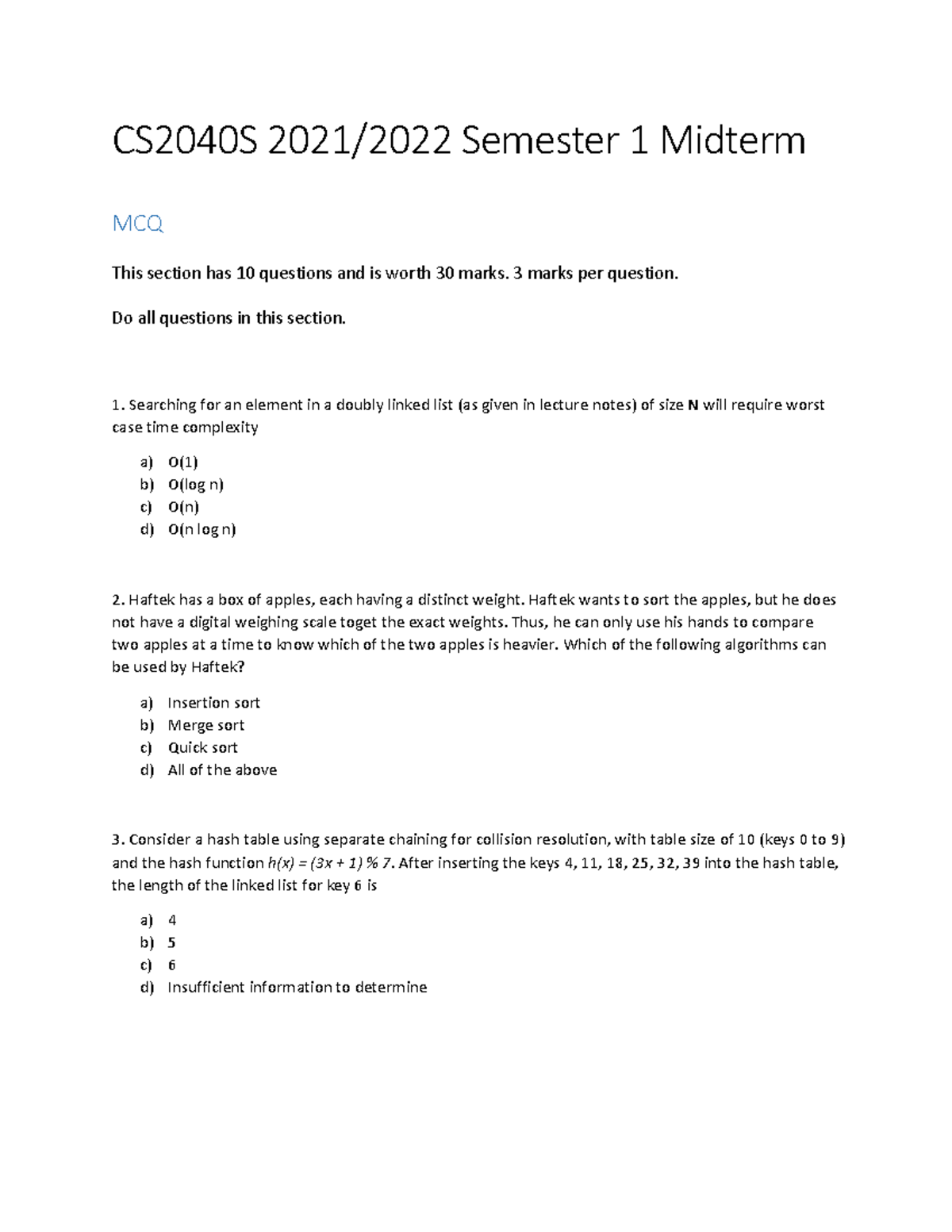 CS2040 S 2021 2022 Sem1 midterm qns - CS2040S 2021/2022 Semester 1 ...