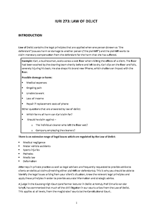 IURI 273 Questions - Law of delict Class questions and answers Study ...