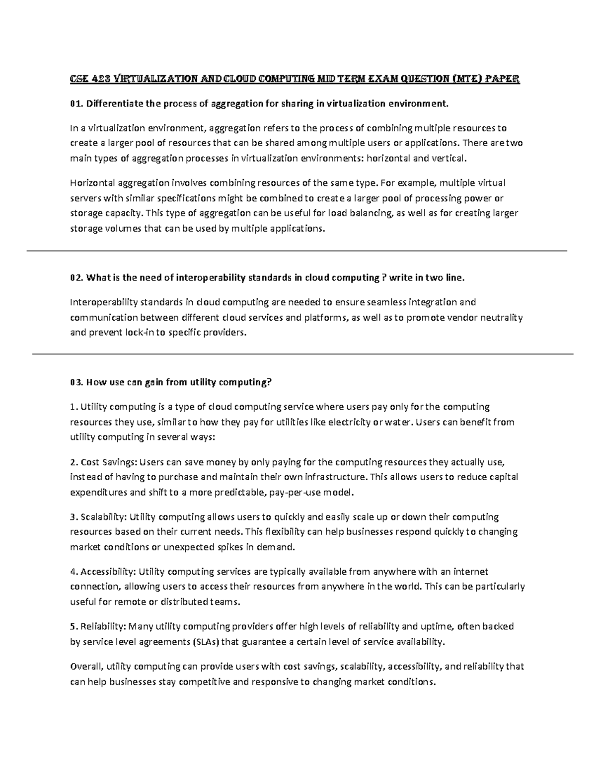 Cloud questions - CSE 423 Virtualization and Cloud Computing mid tErm Exam QuEStion (mtE) papEr ...