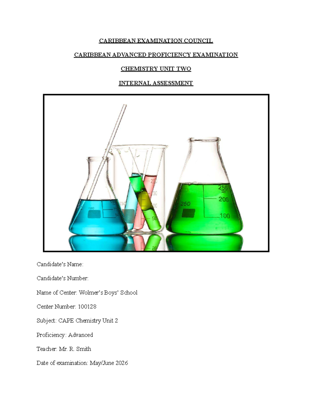UNIT 2 CAPE Chemistry Cover PAGE - Business - CARIBBEAN EXAMINATION ...