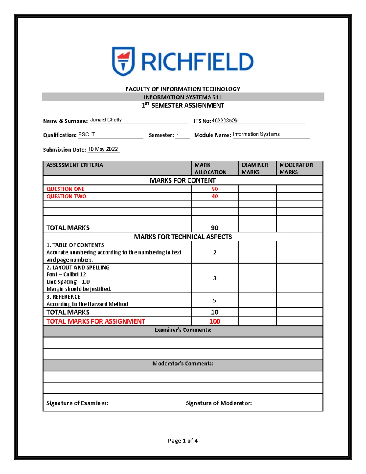 Richfield College 2025 Info Systems 511 Assignment & Bursary Letter ...