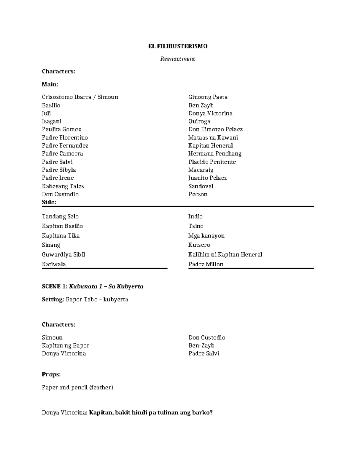 EL FILIBUSTERISMO: Reenactment of Key Characters and Scenes - Studocu