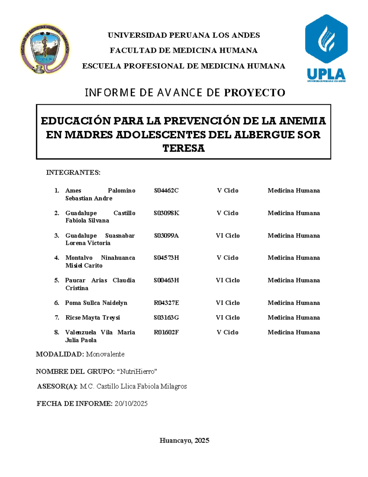 Informe de Avance del Proyecto Nutrihierro: Prevención de Anemia en ...
