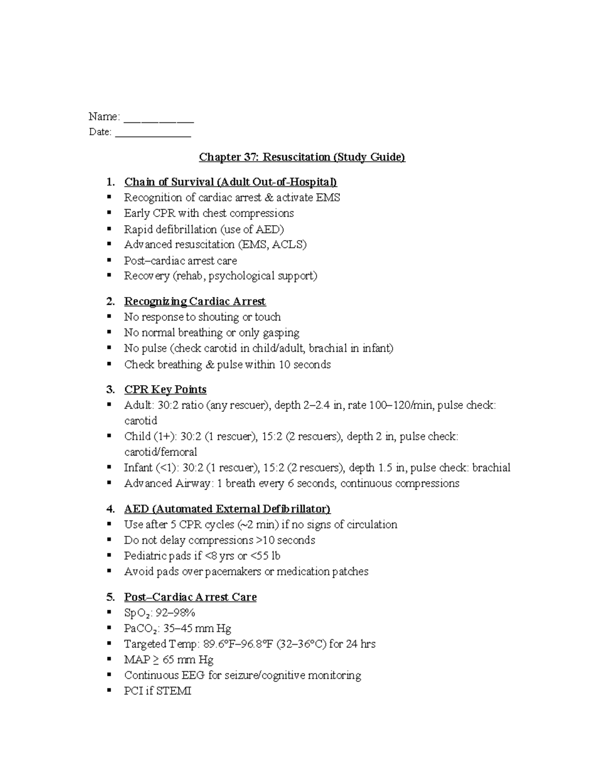 Chapter 37: Resuscitation & Cardiac Arrest Protocols Study Guide - Studocu