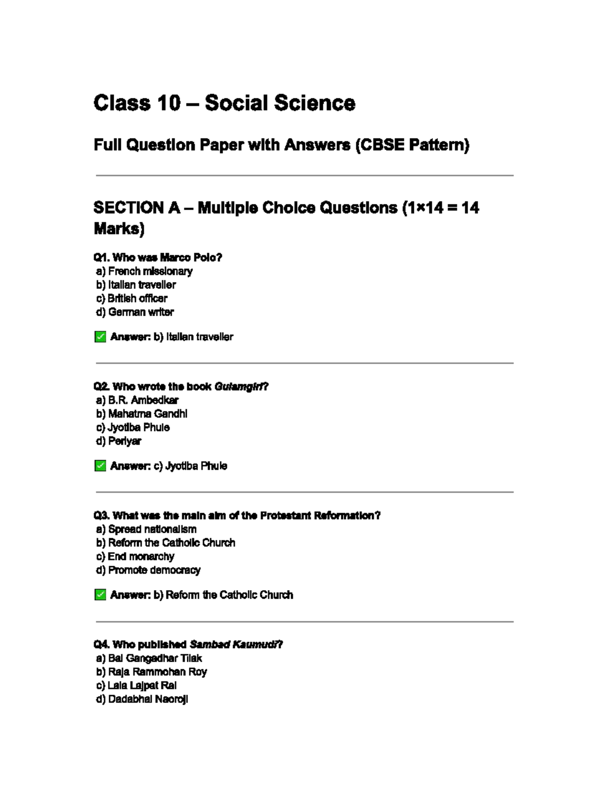Class 10 Social Science Full Question Paper with Answers (CBSE) - Studocu
