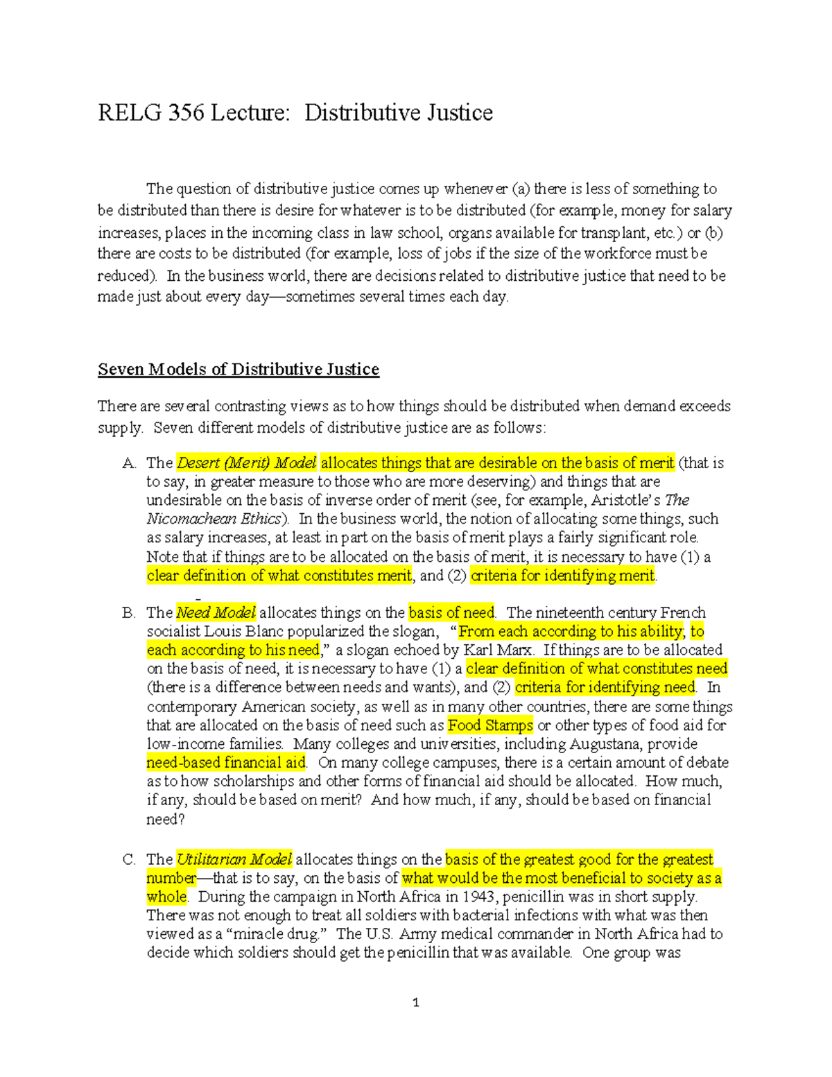 RELG 356 Lecture Notes: Exploring Distributive Justice Models - Studocu