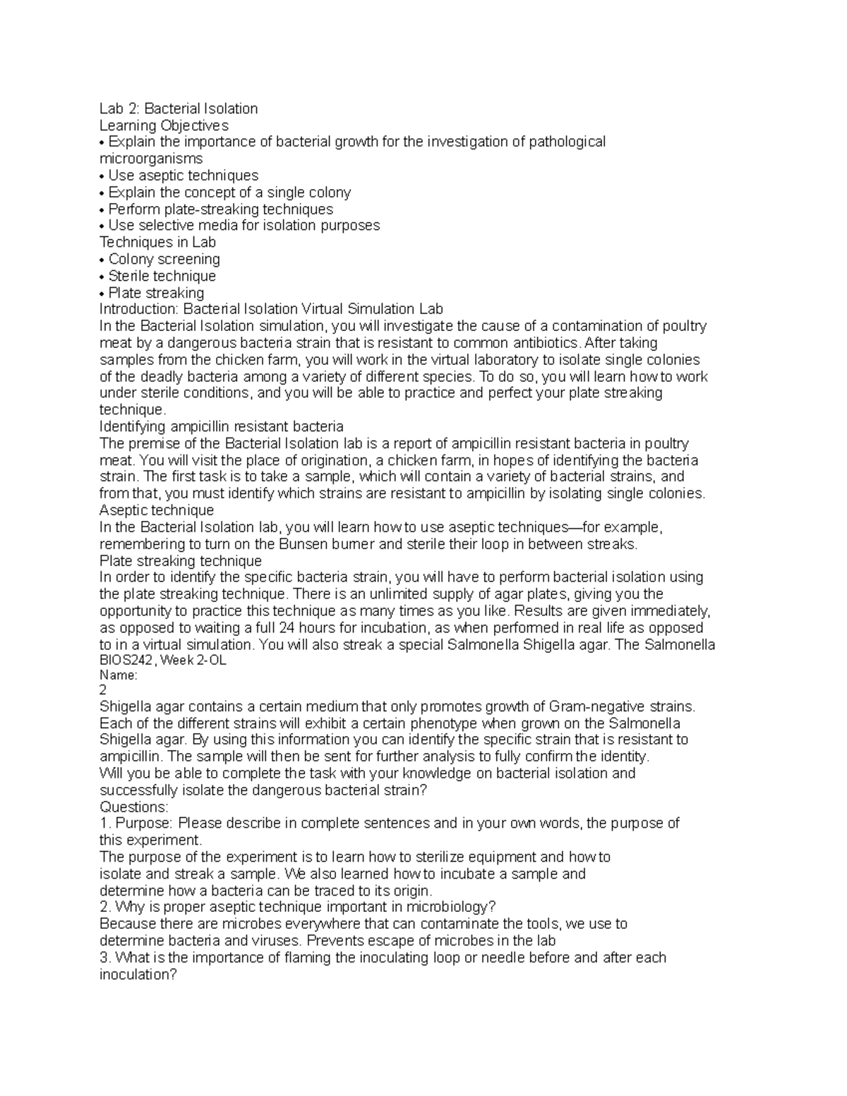 Lab 2 Micro - Lab - Lab 2: Bacterial Isolation Learning Objectives ...