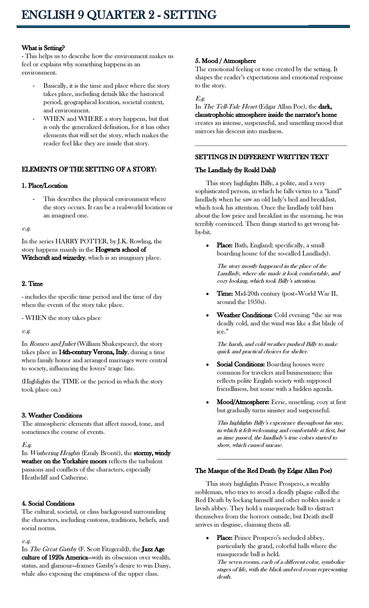 ENGLISH 9 QUARTER 2: Understanding Setting in Literature - Studocu