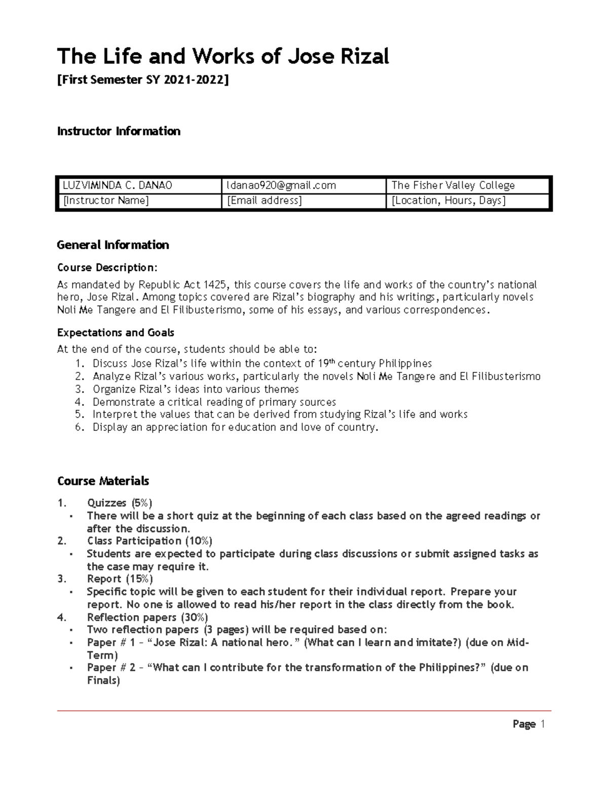 Life and Works of Jose Rizal Syllabus (SY 2025-2026, 1st Sem) - Studocu
