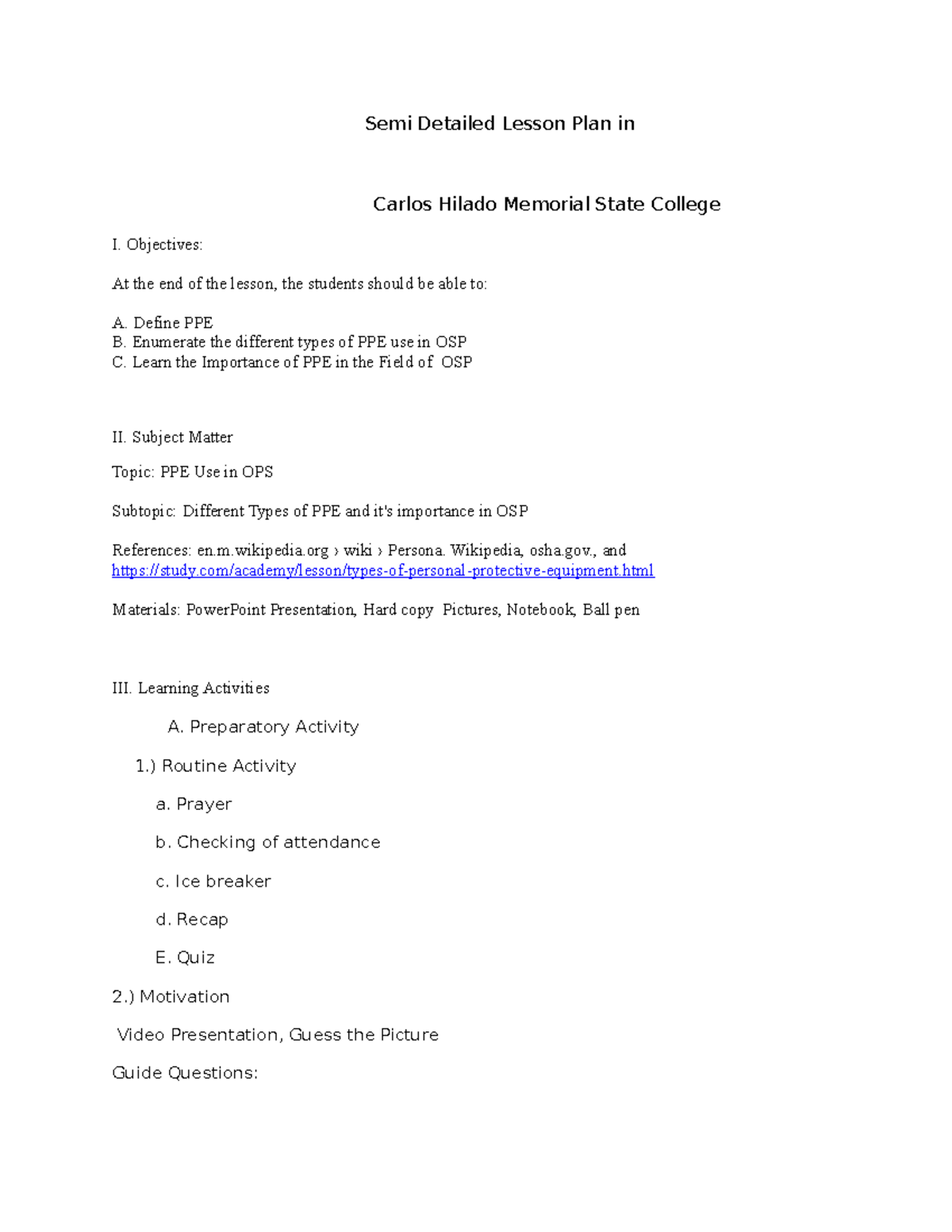 Lesson Plan in PPE used in OSP - Semi Detailed Lesson Plan in Carlos ...