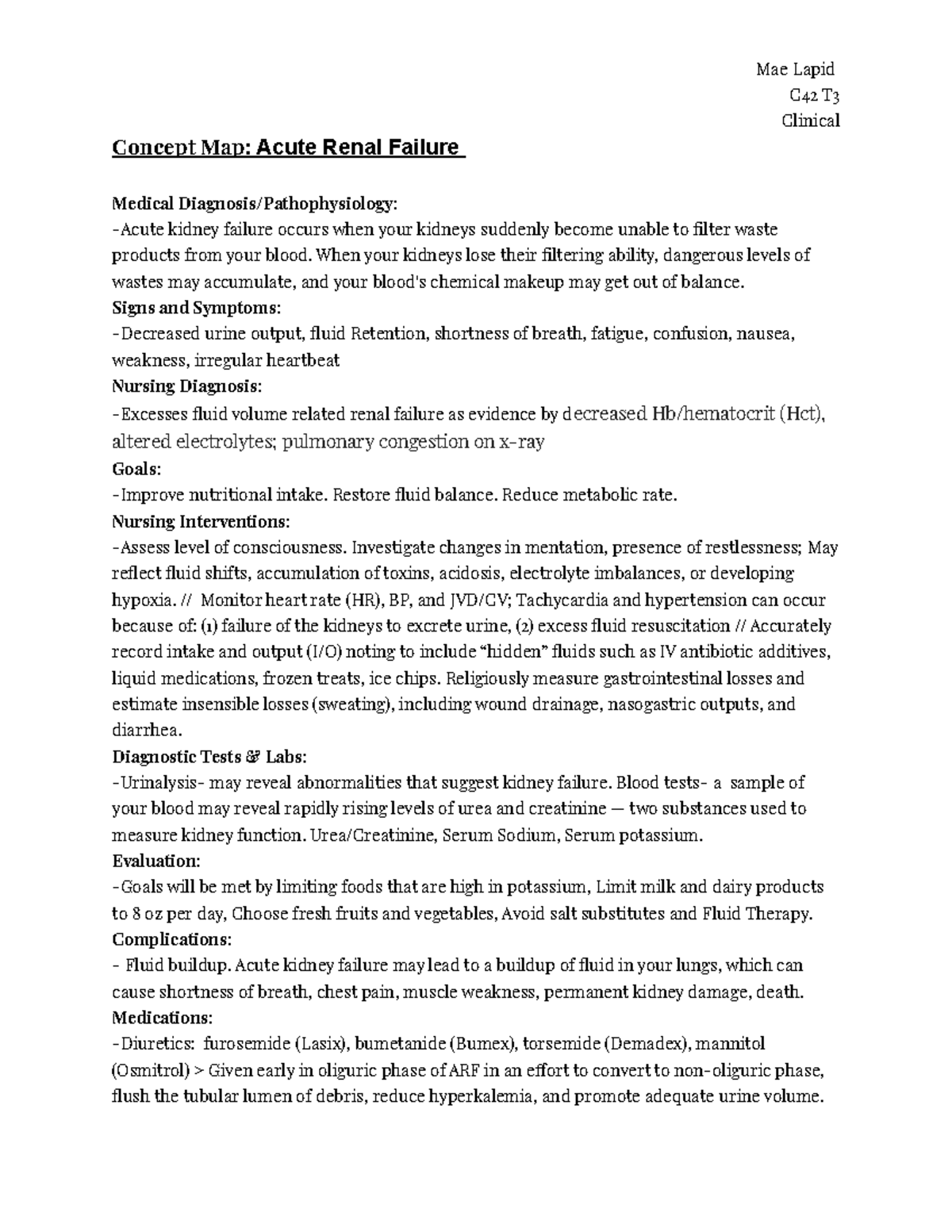 Concept Map on Acute Renal Failure (C42 T Clinical) - Studocu