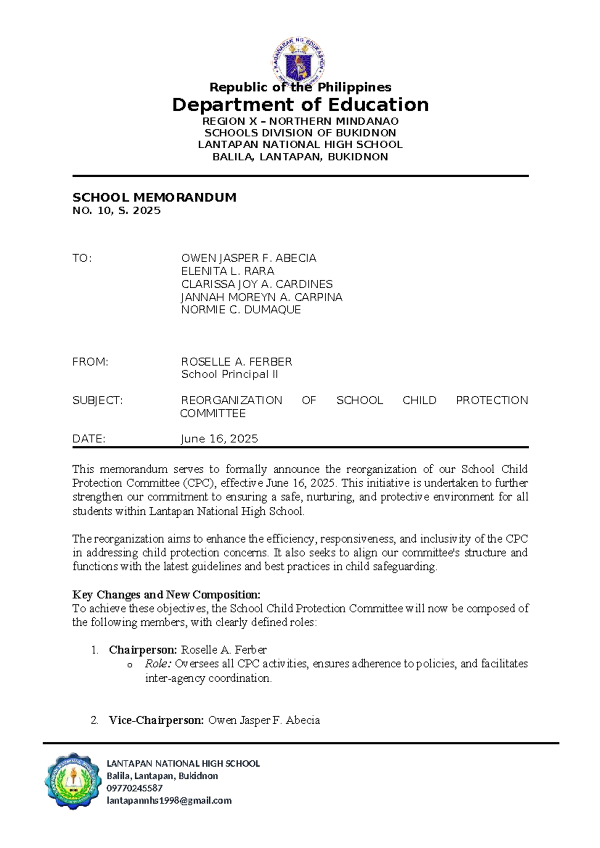 Reorganization of School Child Protection Committee - Memo 2025 - Studocu