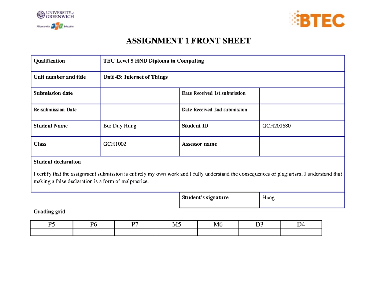 Io T Assignment 2 Bui Duy Hung 1690 - ASSIGNMENT 1 FRONT SHEET Qualification TEC Level 5 HND ...