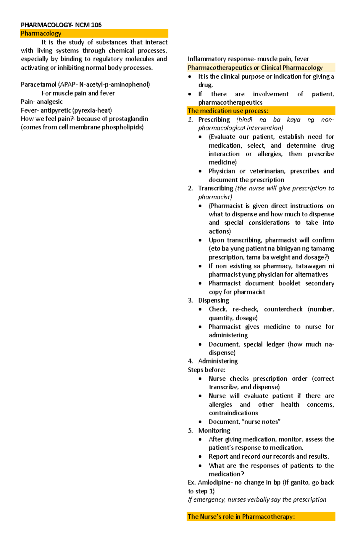 Pharmacology Overview and Key Concepts - NCM 106 - Studocu