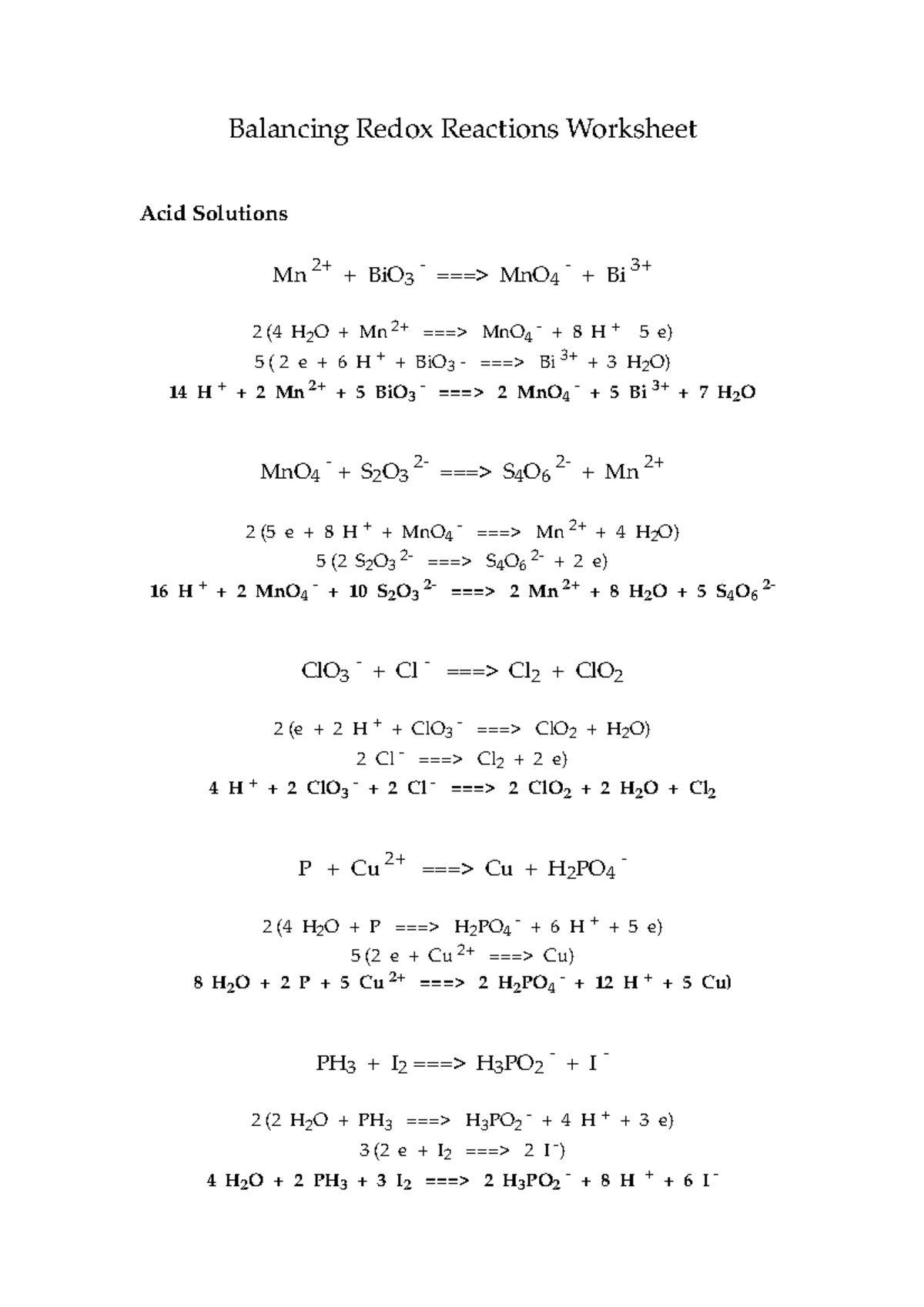 Balancing Redox Reactions Worksheet - Studocu