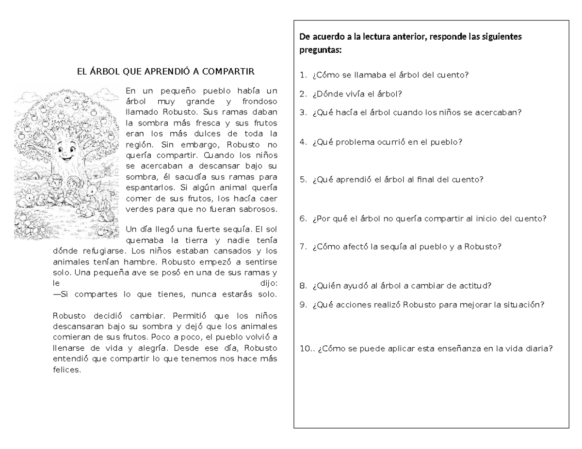 Cuento de Comprensión Lectora: El Árbol que Aprendió a Compartir y La ...