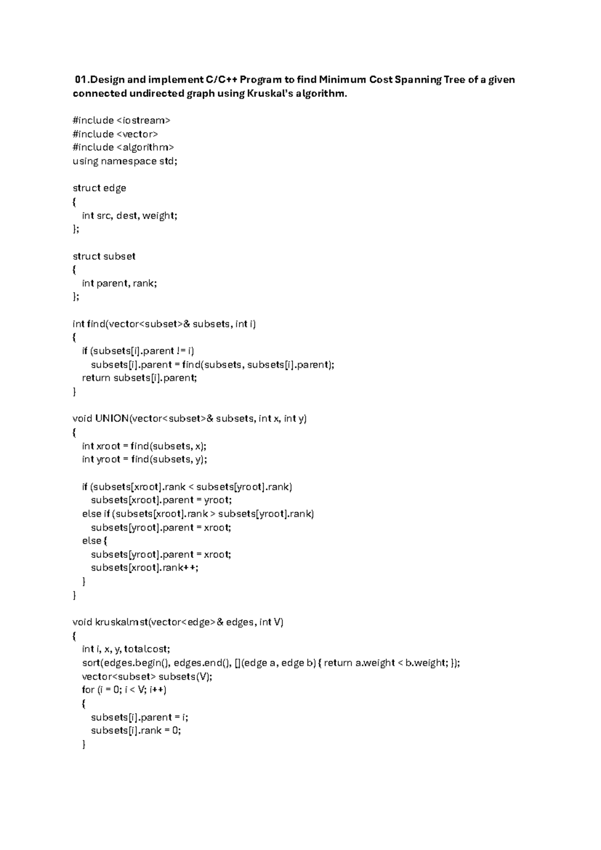 ADA Programs 01-12: Lab Programs for Graph Algorithms and Sorting - Studocu