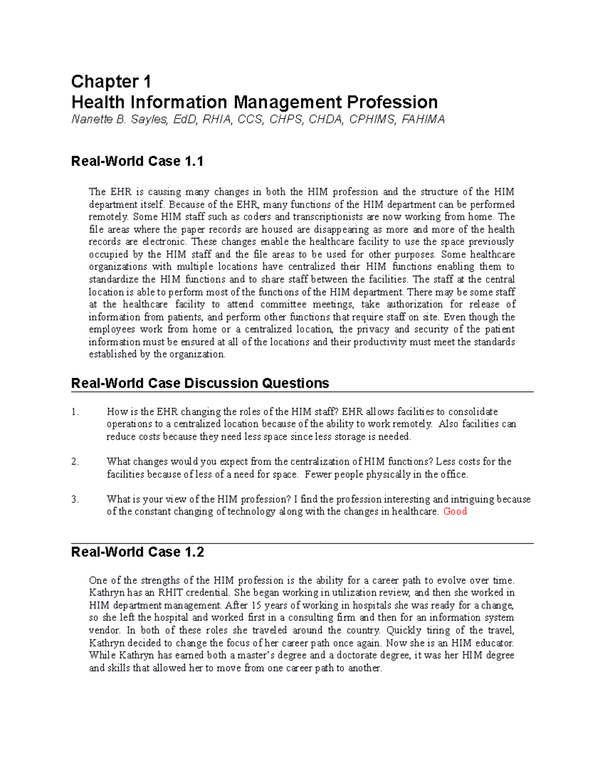 Ch 01 SW - 1 assign - Chapter 1 Health Information Management ...