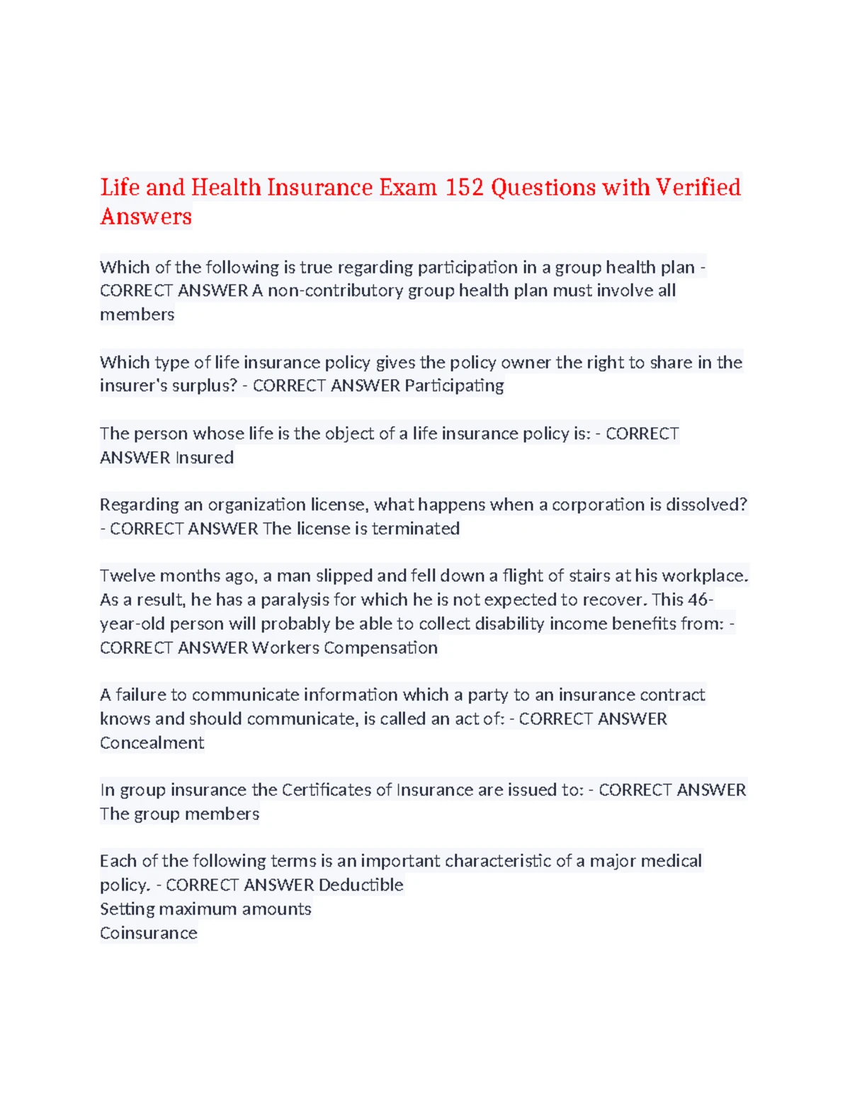 FL Life & Health Insurance 2 - Final Exam Study Guide 165 - Studocu