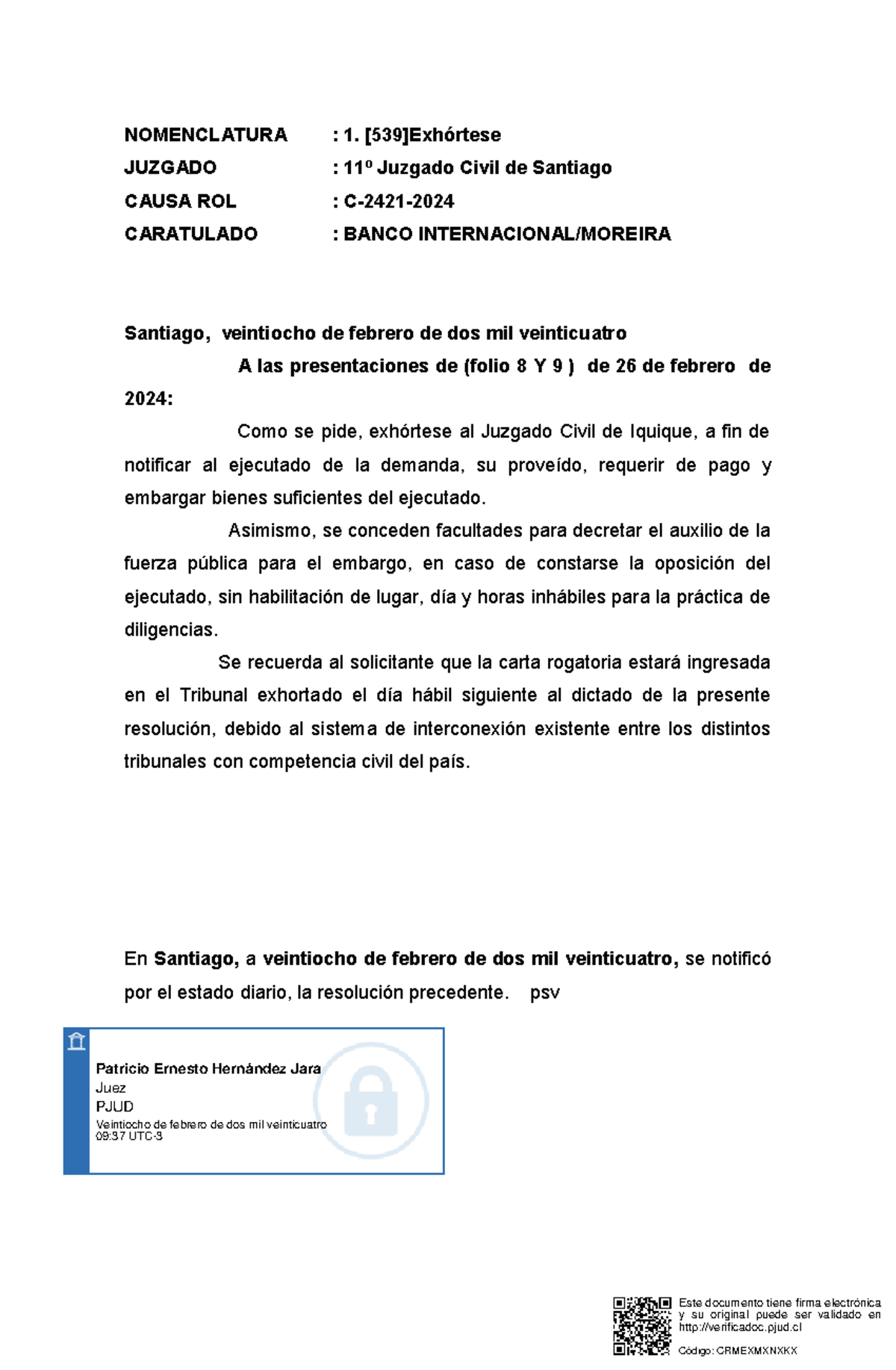 Exhorto Procesal del 11º Juzgado Civil de Santiago - Febrero 2024 - Studocu