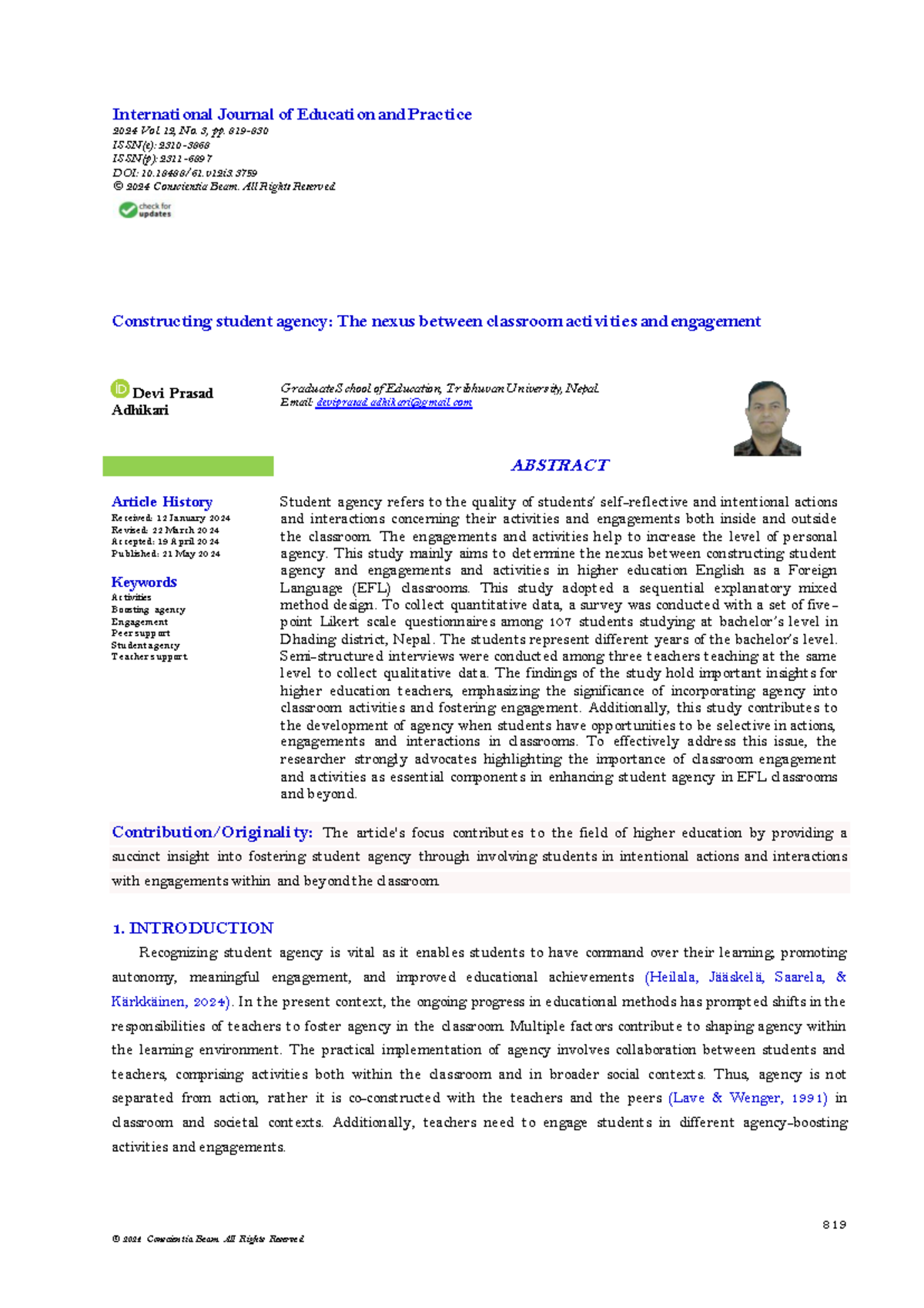 Constructing Student Agency in EFL Classrooms: Insights from Nepal ...