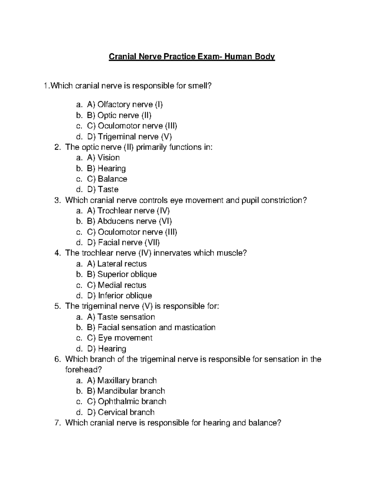 Cranial Nerve Quiz for Human Body 1: Key Concepts and Answers - Studocu
