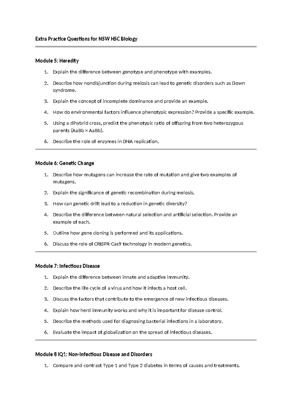 Biology 1 - IT Questions for HSC Modules 5 to 8 - Studocu