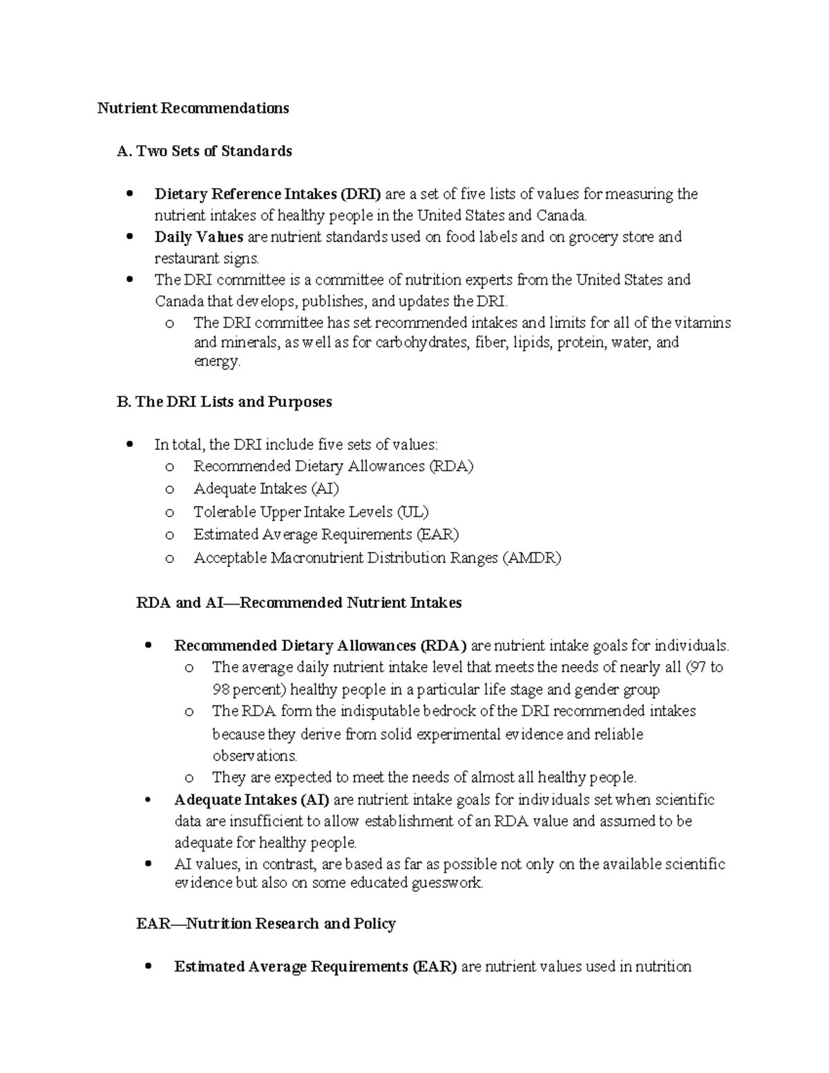 Nutrient Recommendations: Chapter 2 DRI Overview and Guidelines - Studocu