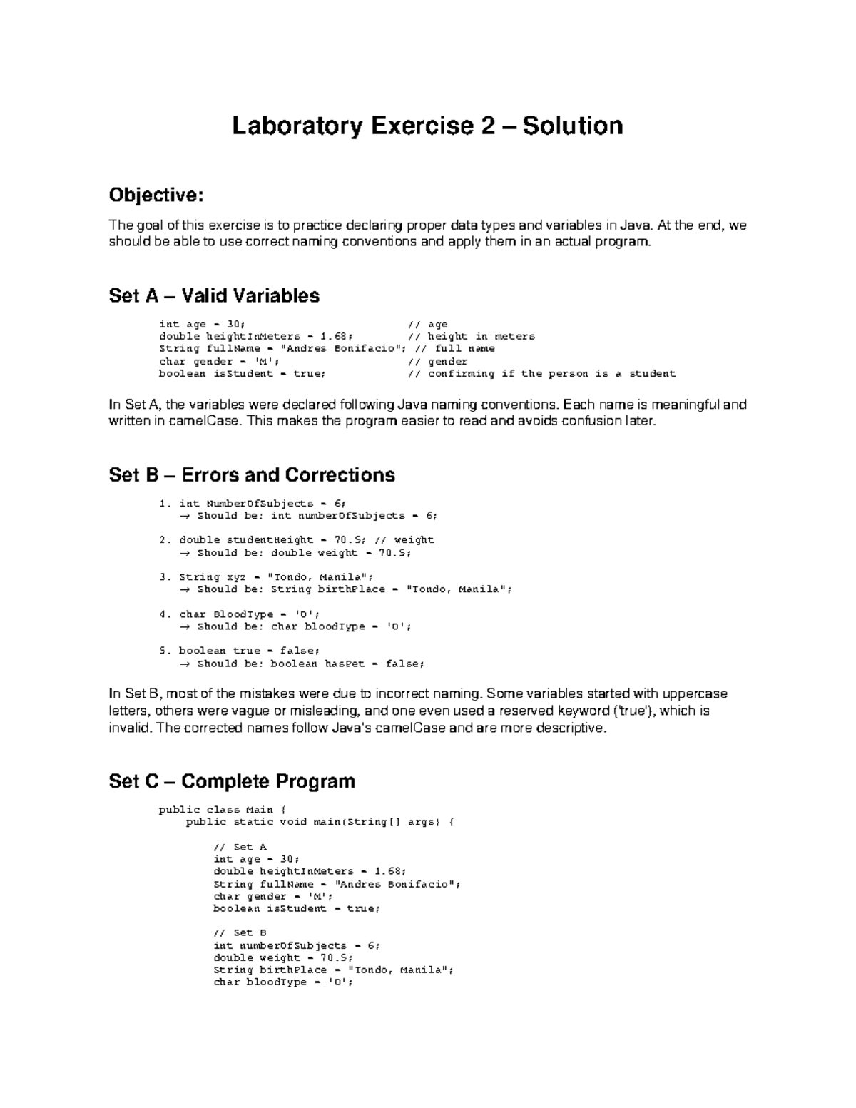 Laboratory Exercise 2: Java Variable Declaration & Naming Conventions - Studocu