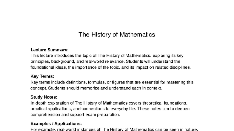 MATH 101: Lecture Summary on The History of Mathematics - Studocu