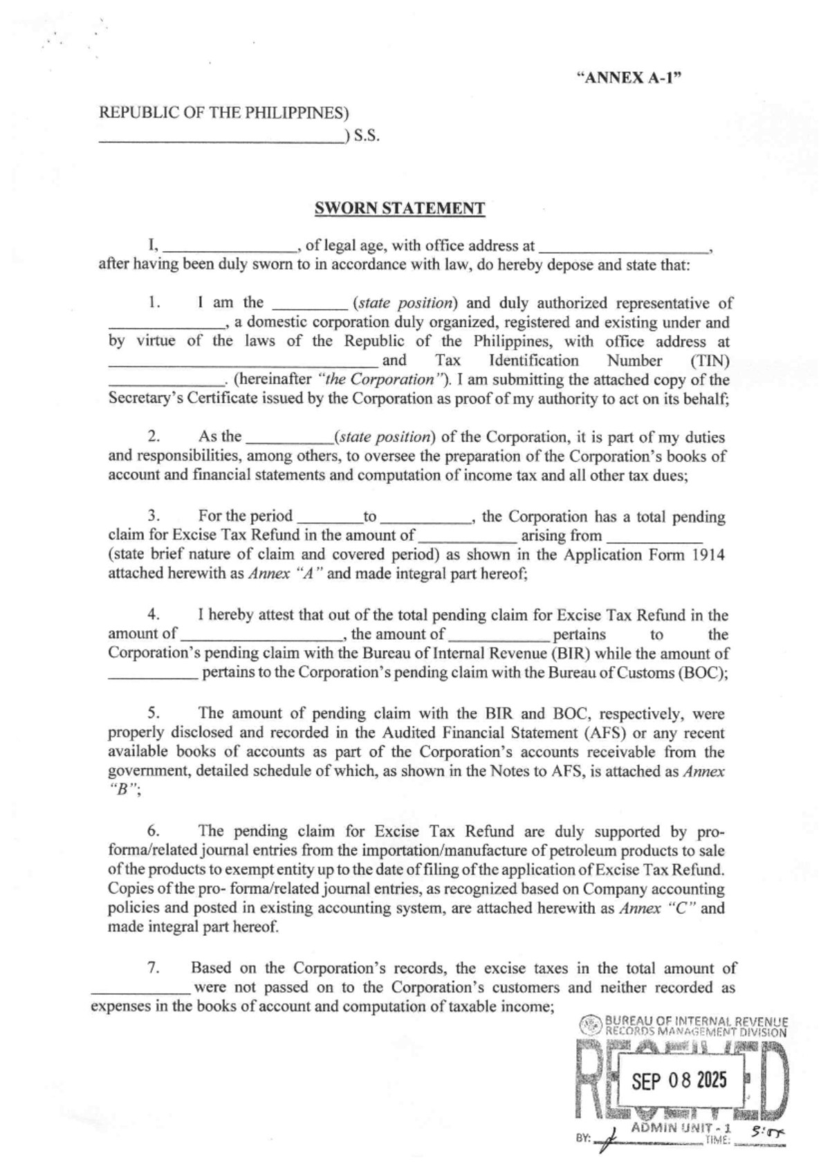RMO 38-2025: Sworn Statement for Excise Tax Refund Claim - Studocu