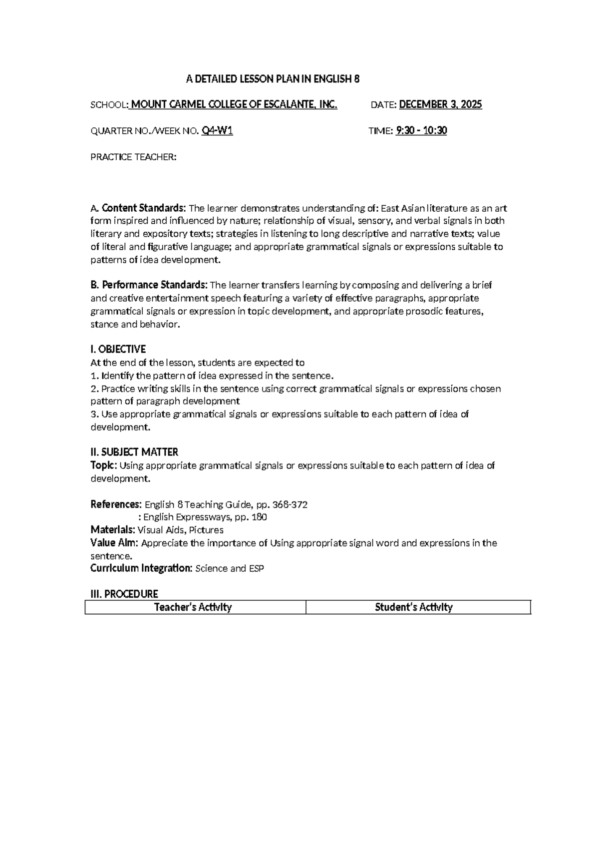 A Detailed Lesson Plan for English 8: Grammatical Signals & Patterns ...