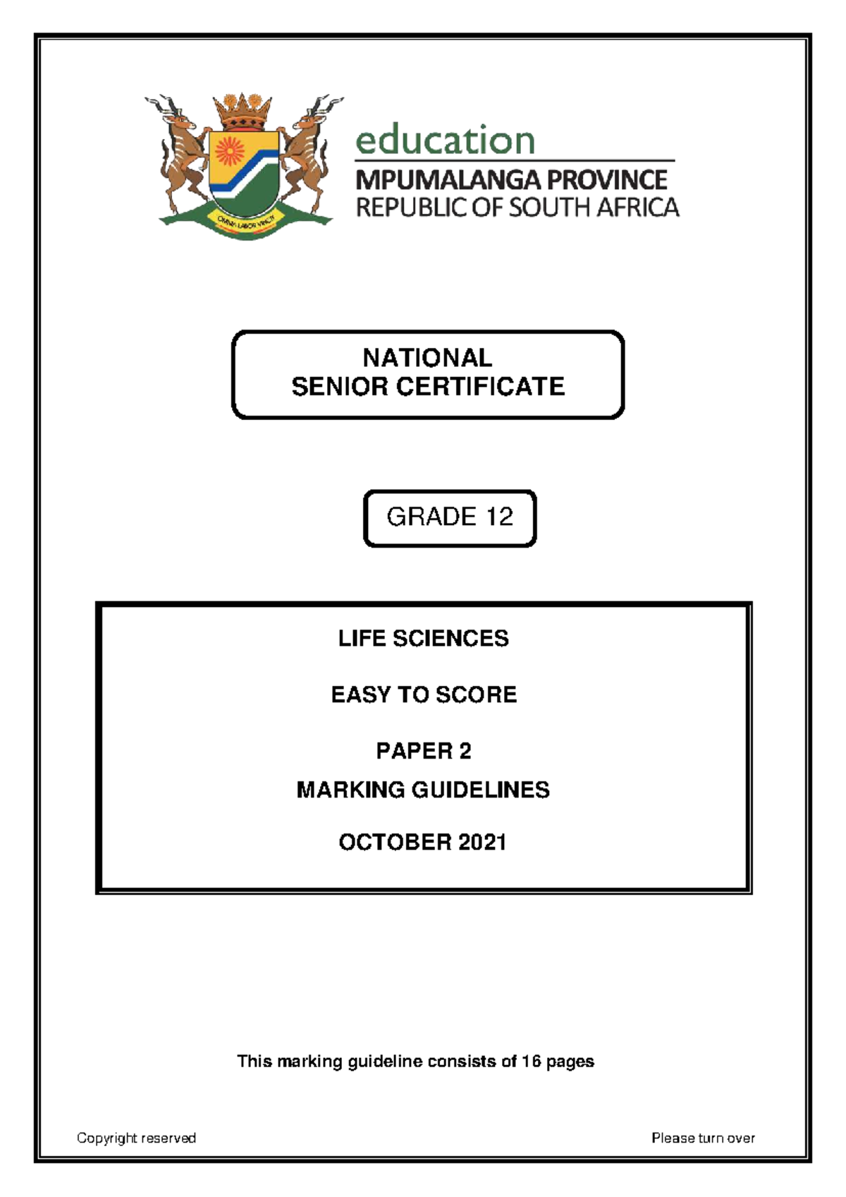 LIFE SCIENCES NSC GRADE 12 PAPER 2 MARKING GUIDELINES OCT 2021 - Studocu