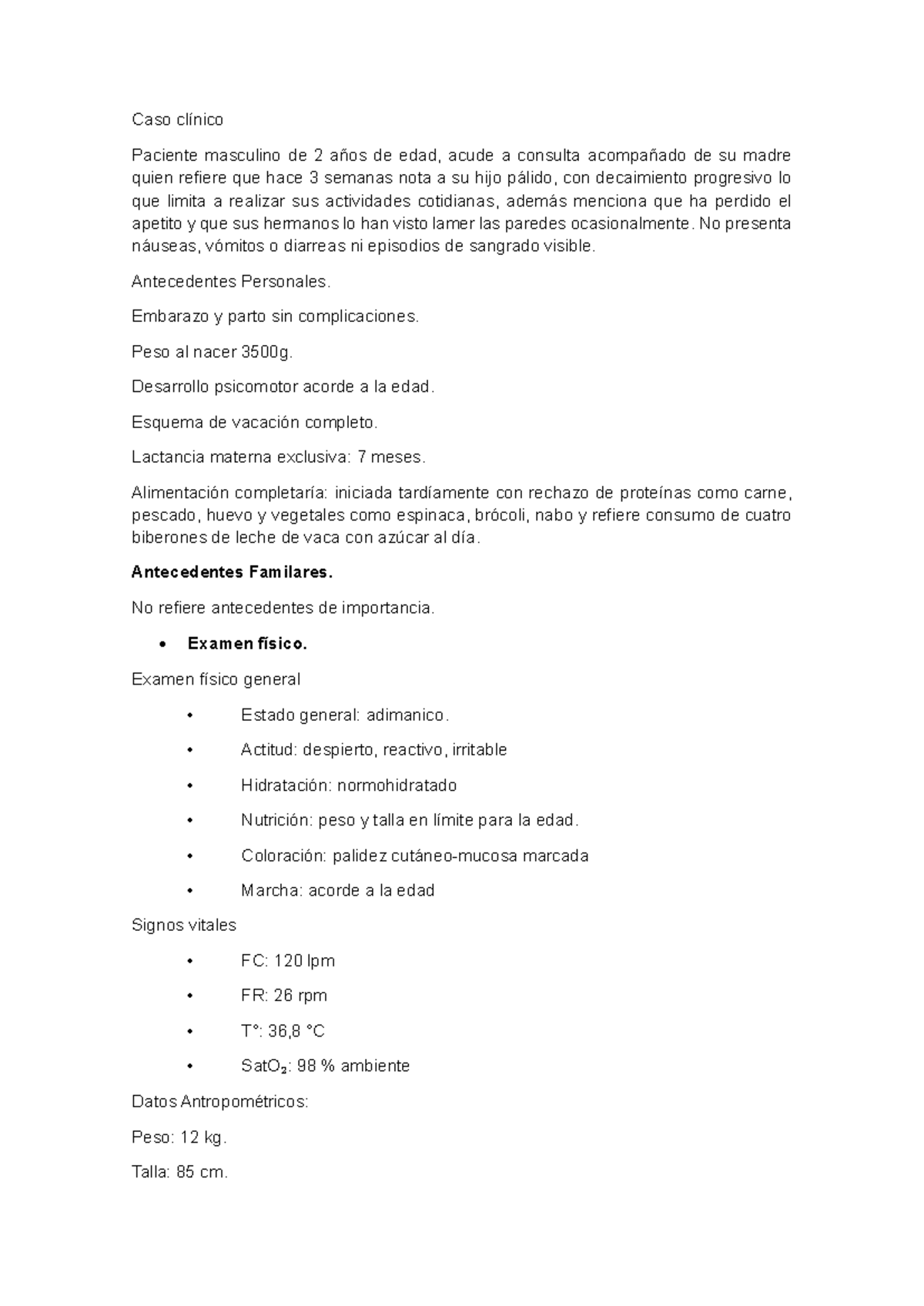 Caso Clínico: Anemia en Paciente Masculino de 2 Años - Studocu