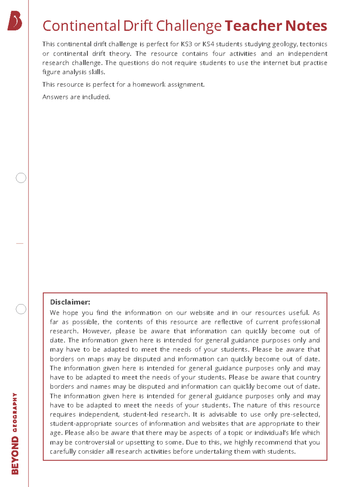 KS3/KS4 Continental Drift Challenge: Teacher's Guide & Activities - Studocu