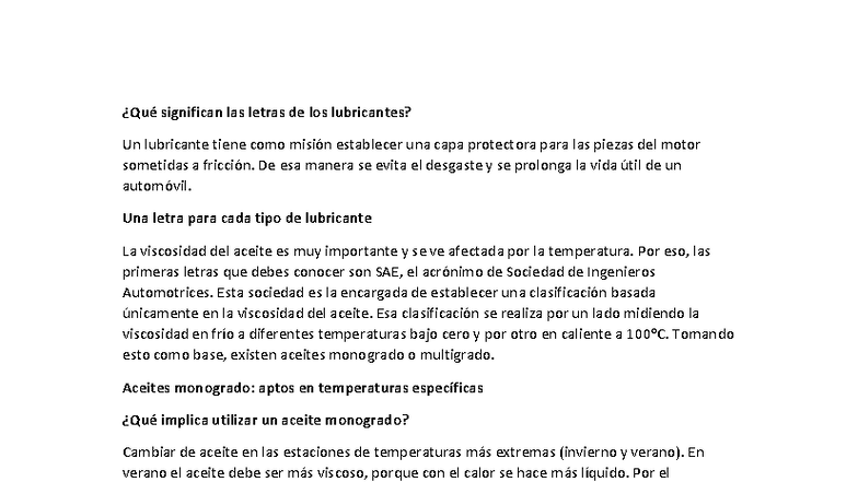Letras SAE en Lubricantes: Significado y Viscosidad - Studocu