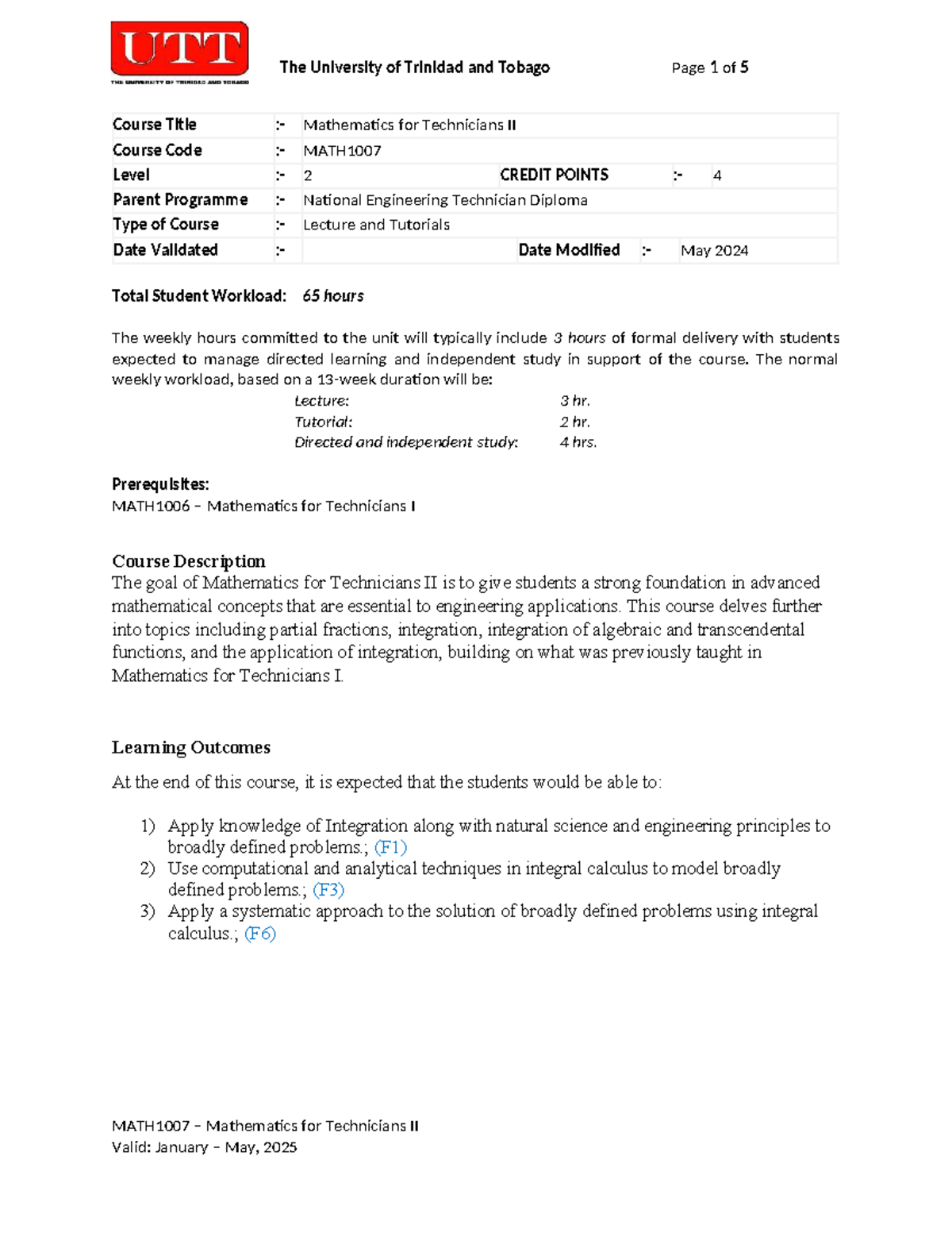2025 Course Outline for MATH1007: Mathematics for Technicians II - Studocu