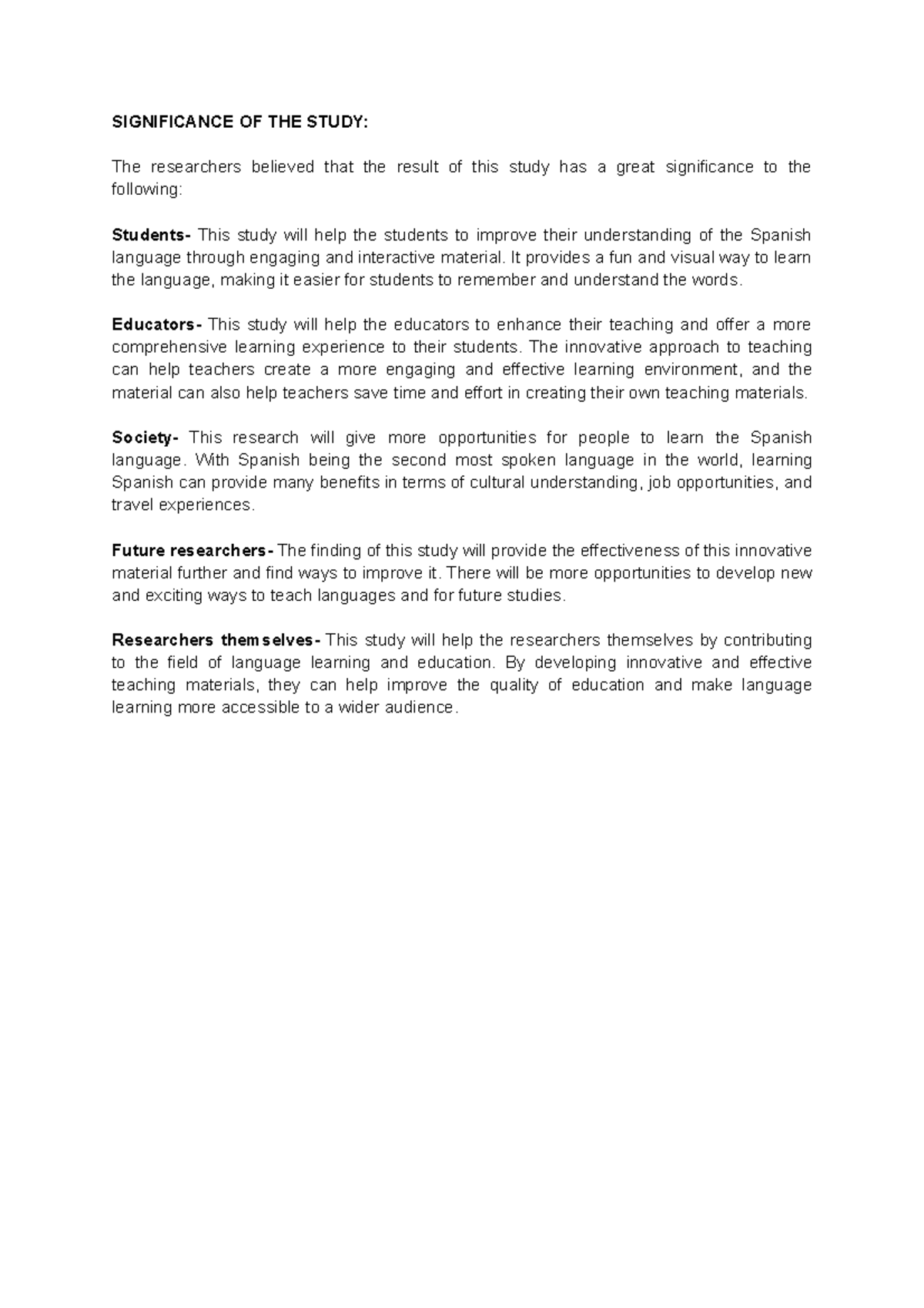 Significance OF THE Study - SIGNIFICANCE OF THE STUDY: The researchers ...