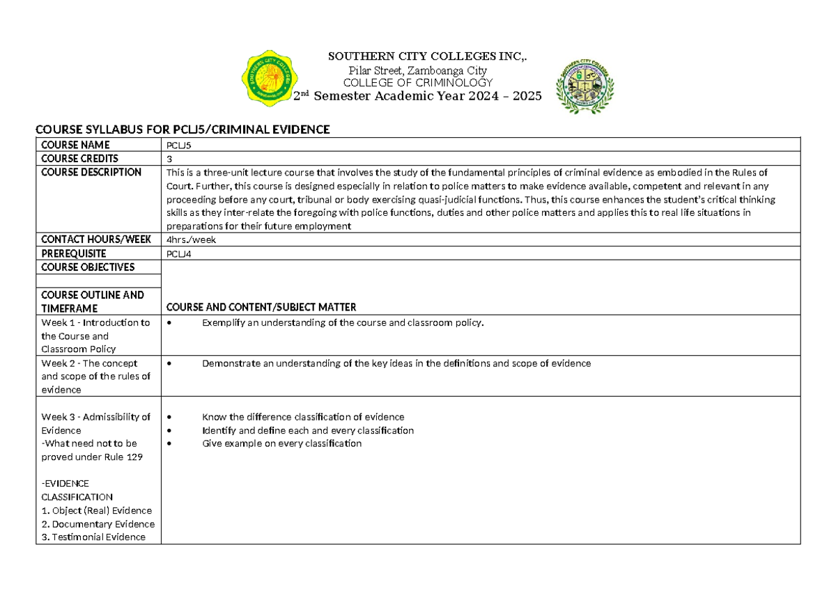 PCLJ5/Criminal Evidence Course Syllabus: 2nd Sem AY 2024-2025 - Studocu