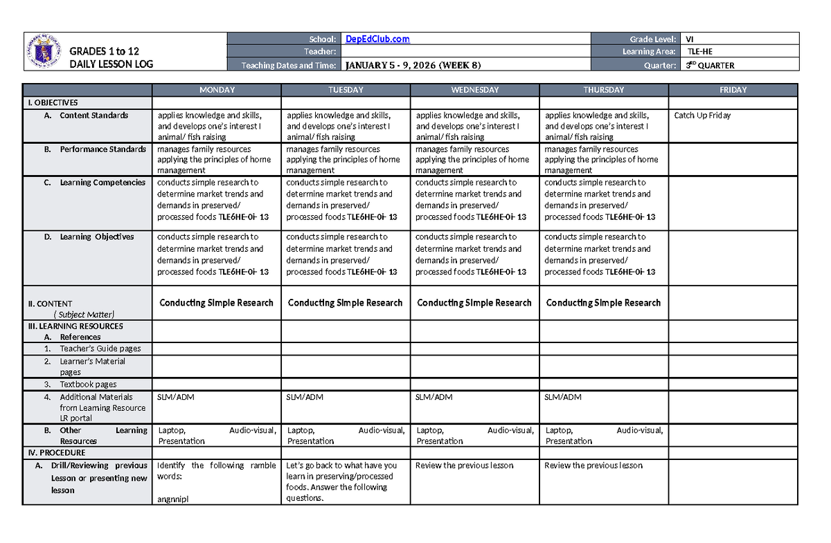 DLL TLE-HE 6 Q3 W8 - Daily Lesson Log for Simple Research in Foods ...