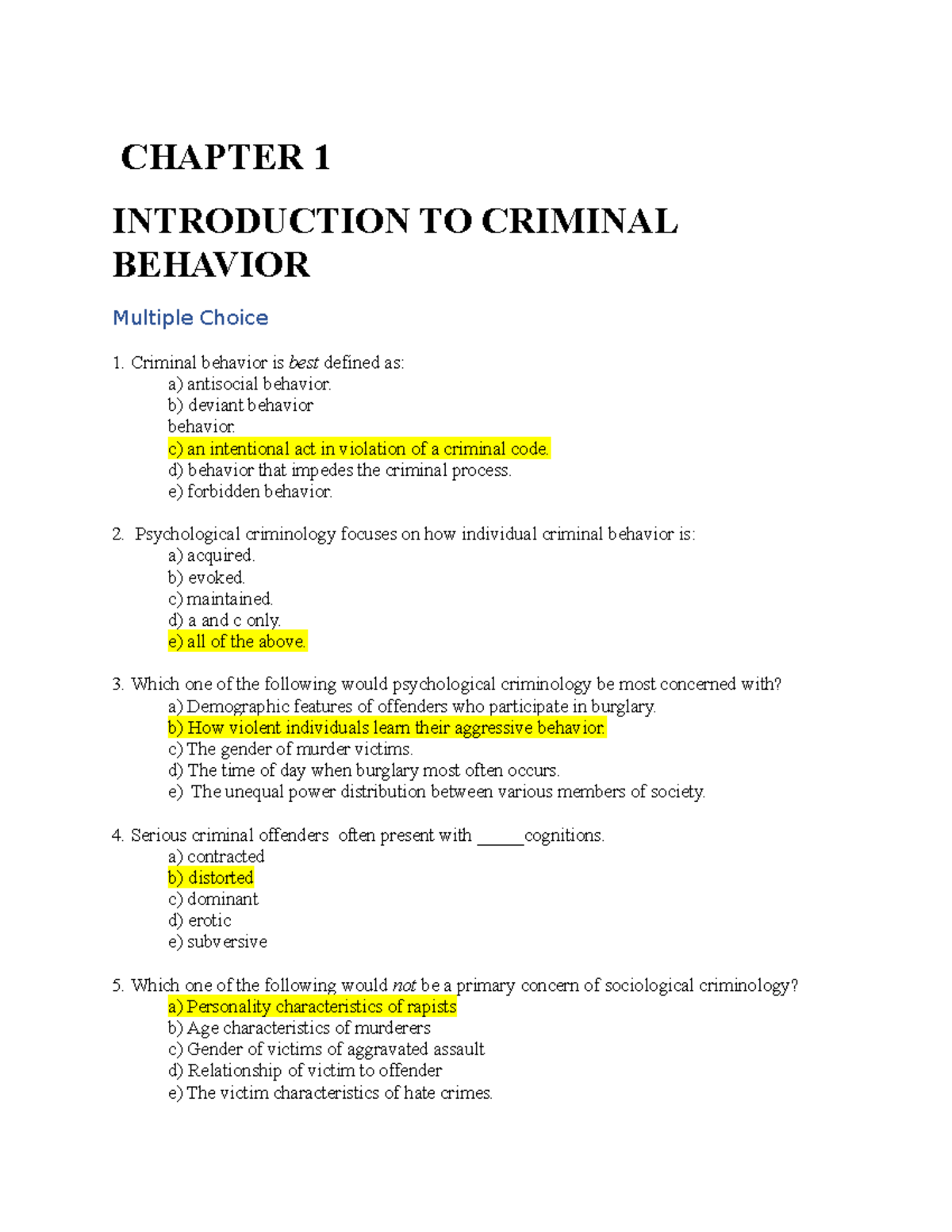 Introduction to Criminal Behavior: Sample Questions (Part 1) - Studocu