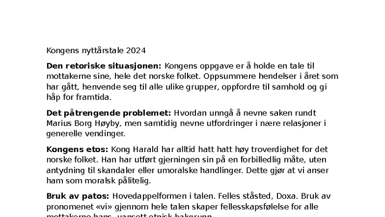 Kongens nyttårstale 2024: Retoriske analyser og appeller - Studocu