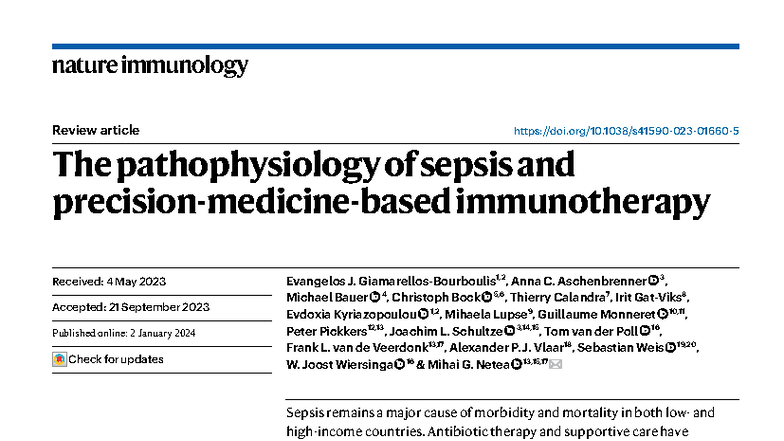 Nature Immunology Review: Pathophysiology of Sepsis & Immunotherapy ...