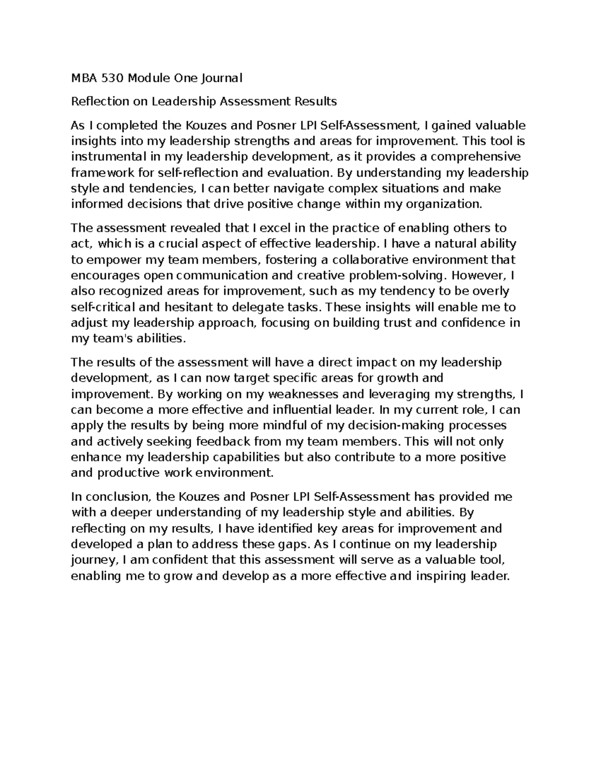 MBA 530 Module One Leadership Assessment Reflection - Studocu