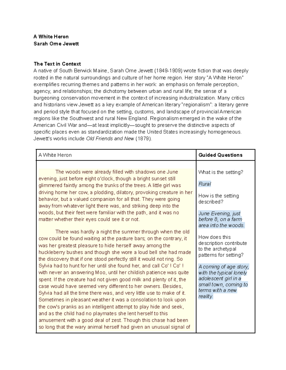 Analysis of Themes and Characters in "A White Heron" (ENG 101) - Studocu