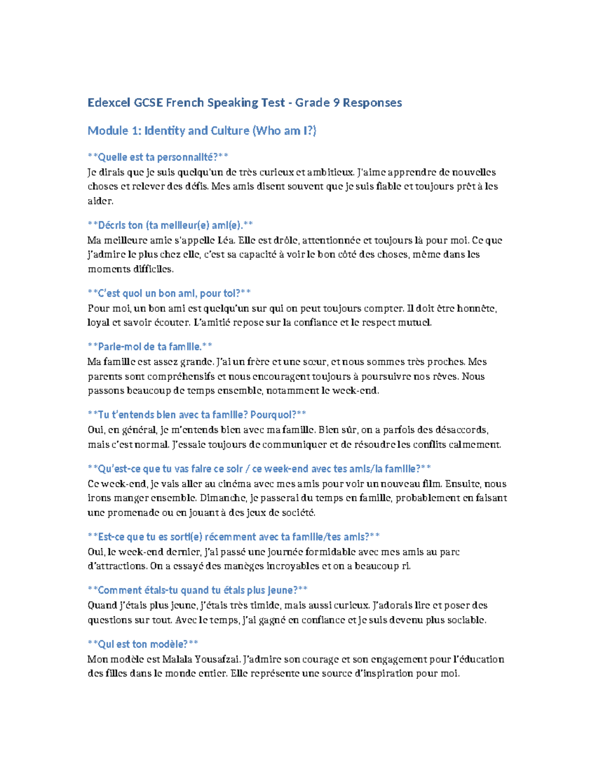 Edexcel GCSE French Speaking Test - Grade 9 Responses Insights - Studocu